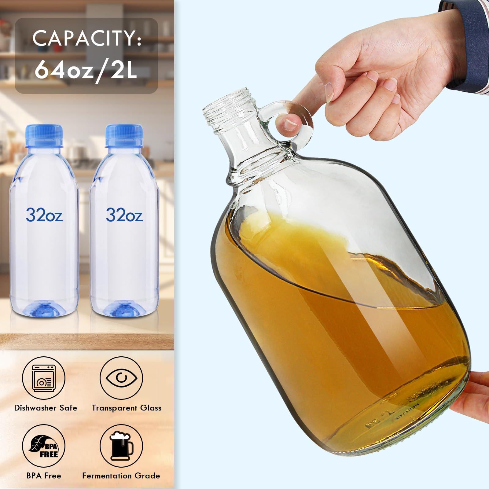 DESIYUE 2 Pack 64oz Glass Gallon Jugs with Handle and Black Plastic Lids, Half-Gallon, Gallon Glass Fermenting Jug, Glass Water Jug for Kombucha, Home Brew, Vanilla Extract, Beer, Soda,Cider (Clear)