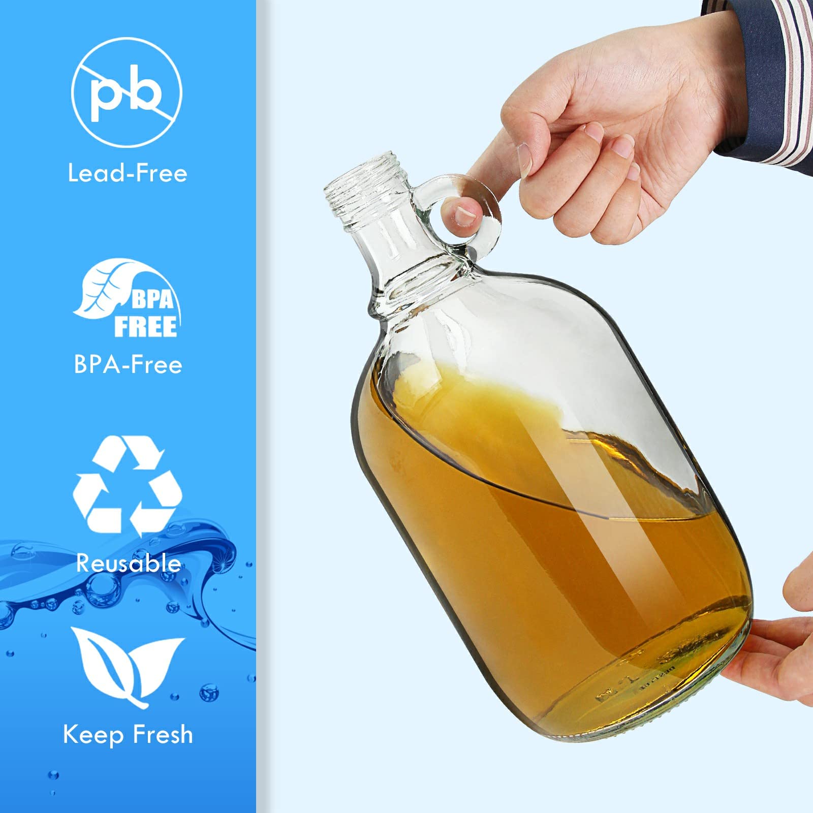 DESIYUE 2 Pack 64oz Glass Gallon Jugs with Handle and Black Plastic Lids, Half-Gallon, Gallon Glass Fermenting Jug, Glass Water Jug for Kombucha, Home Brew, Vanilla Extract, Beer, Soda,Cider (Clear)