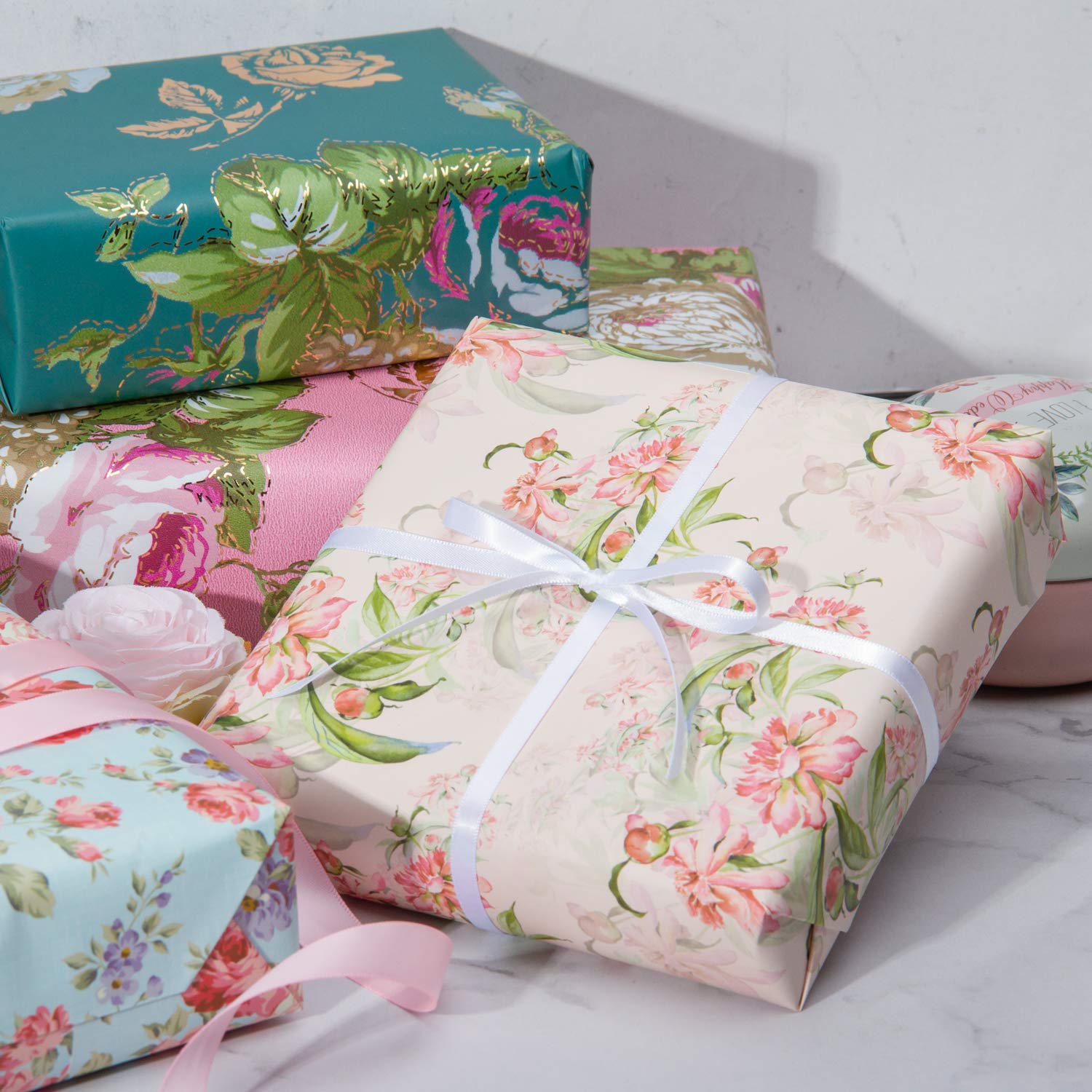 RUSPEPA Gift Wrapping Paper Sheets - Floral Design Perfect for Wedding,Birthday, Mothers Day, Congrats - 8 Folded Sheets - 19.65 X27.5 inches