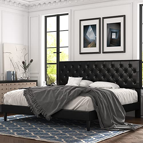 Allewie King Bed Frame with Adjustable Diamond Stitched Button Tufted Headboard/Faux Leather Upholstered Platform Bed with Easy-Assembly Wood slats, Black