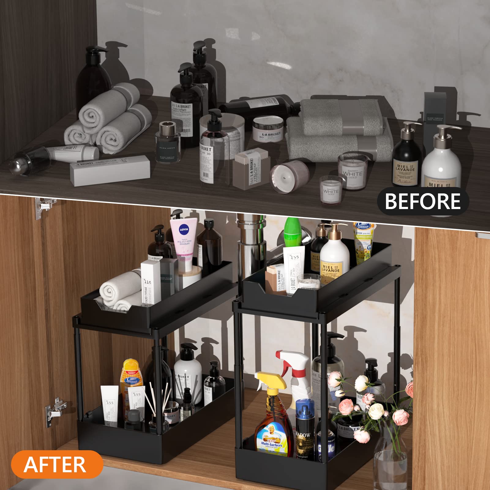 2 Pack Under Sink Organizers and Storage - 2 Tier Large Capacity Bathroom Organizer Under Sink with 4 Hooks,Upgrade Multipurpose Top Sliding Basket Cabinet Organizer for Kitchen Bathroom, Black