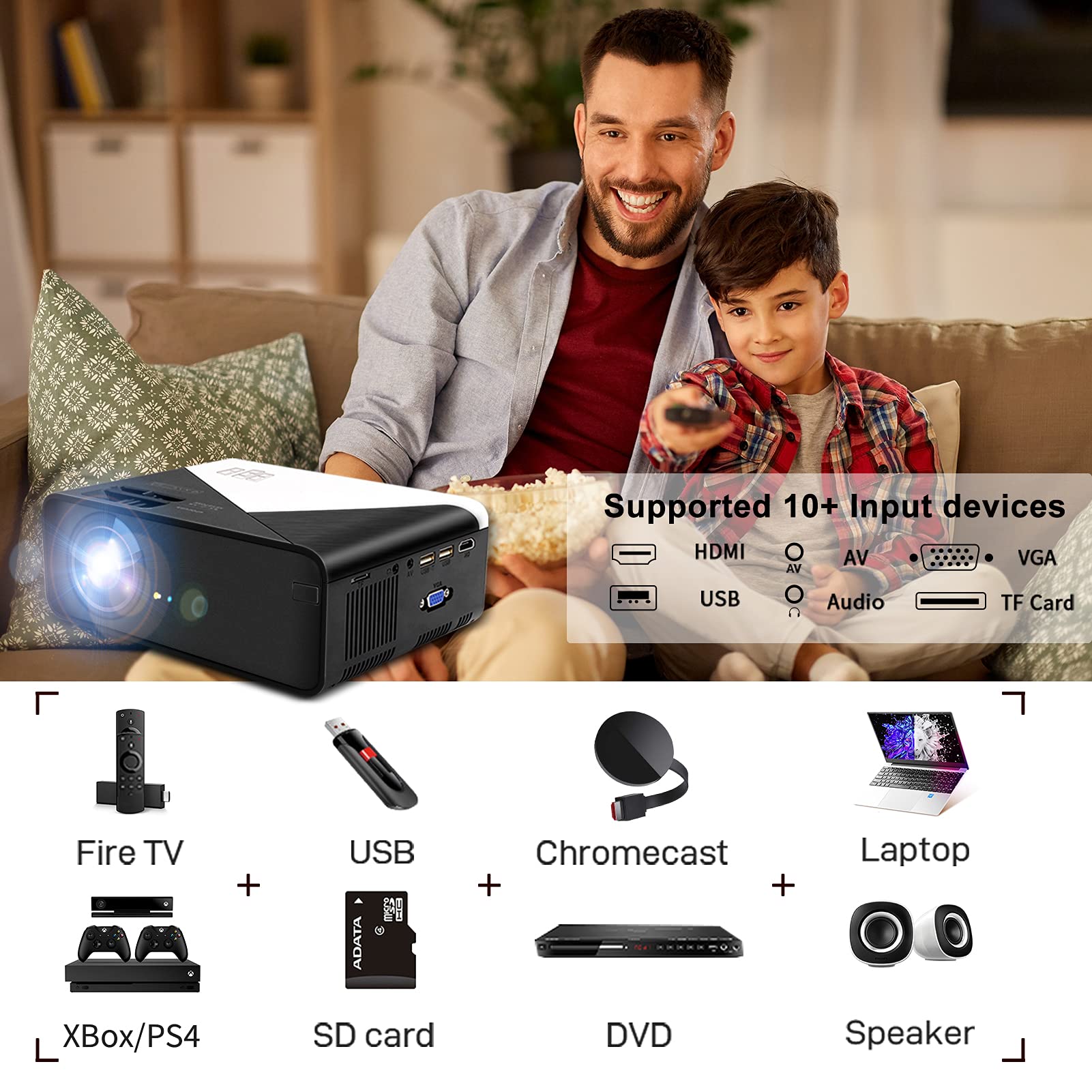 Mini Portable WiFi Projector 1080P-Supported for Outdoor - Native 720P Movie Projector Compatible w/ Smartphone, Laptop, DVD, with 100" Projector Screen for Home Entertainment, 60000 Hrs Lamp Lifetime