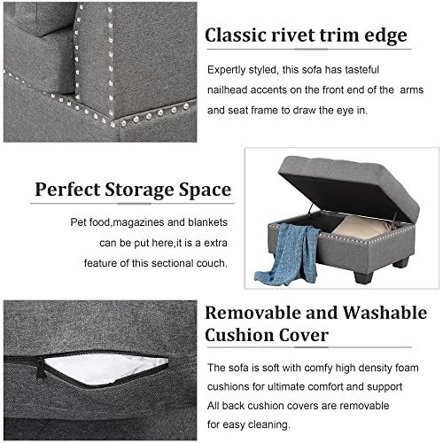 Verfur Fabric Upholstery Convertible Sectional Sofa with Reversible Chaise, L Shaped Couch with Storage Ottoman and 2 Cup Holders Corner, Gray Linen