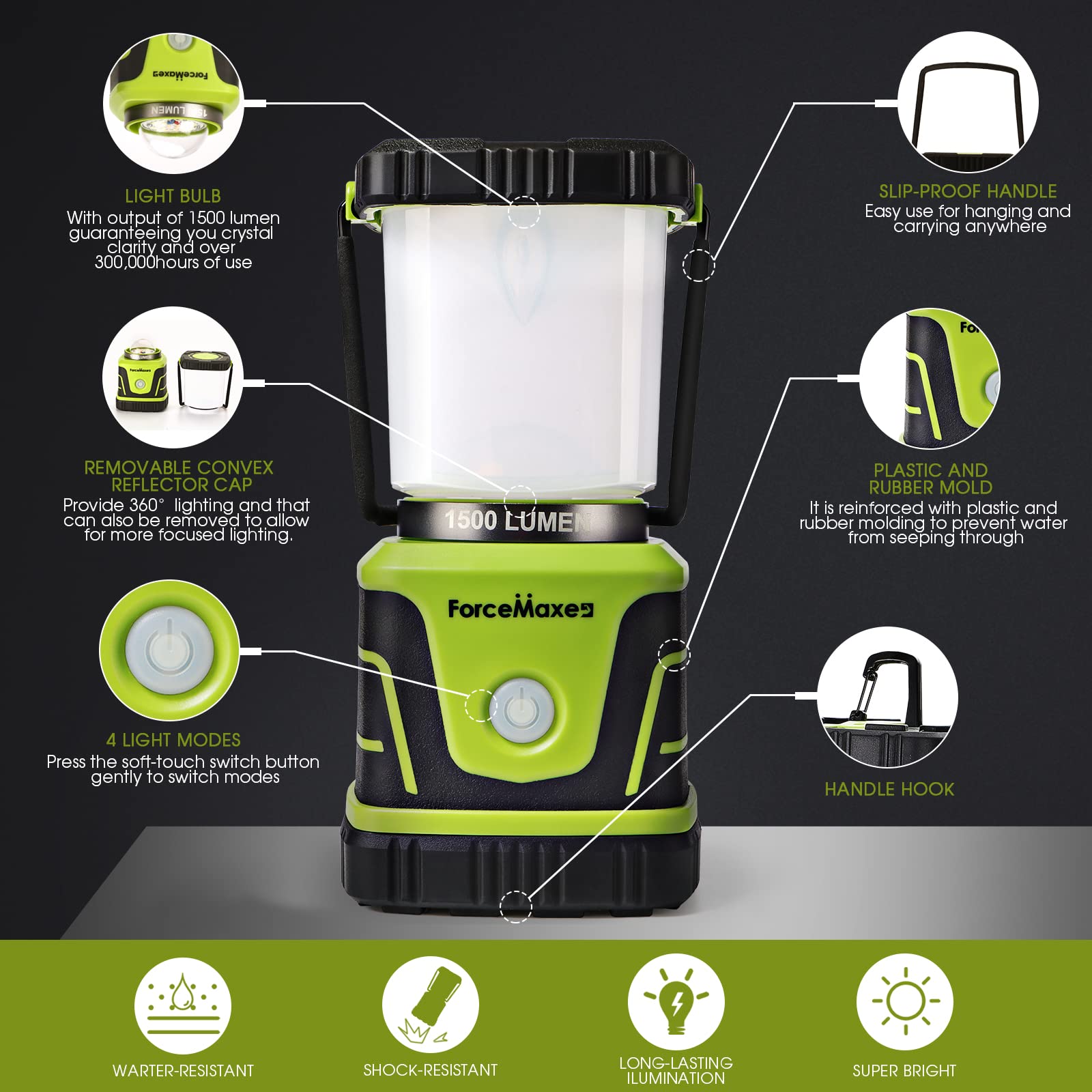 Camping Lantern,Super Bright Battery Powered LED 1500LM,4 Light Modes,Waterproof Tent Light,Long Run-time Lantern Flashlight for Hurricane,Emergency,Survival Kits,Hiking,Fishing