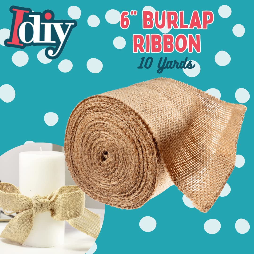 Idiy Natural Burlap Ribbons (6" Wide, 10 Yards) - No Wire,100% Jute - Great for DIY Crafts and Projects, Gift Wrapping, Wedding Decoration, and More!