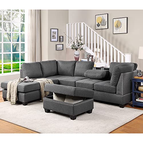Verfur Fabric Upholstery Convertible Sectional Sofa with Reversible Chaise, L Shaped Couch with Storage Ottoman and 2 Cup Holders Corner, Gray Linen