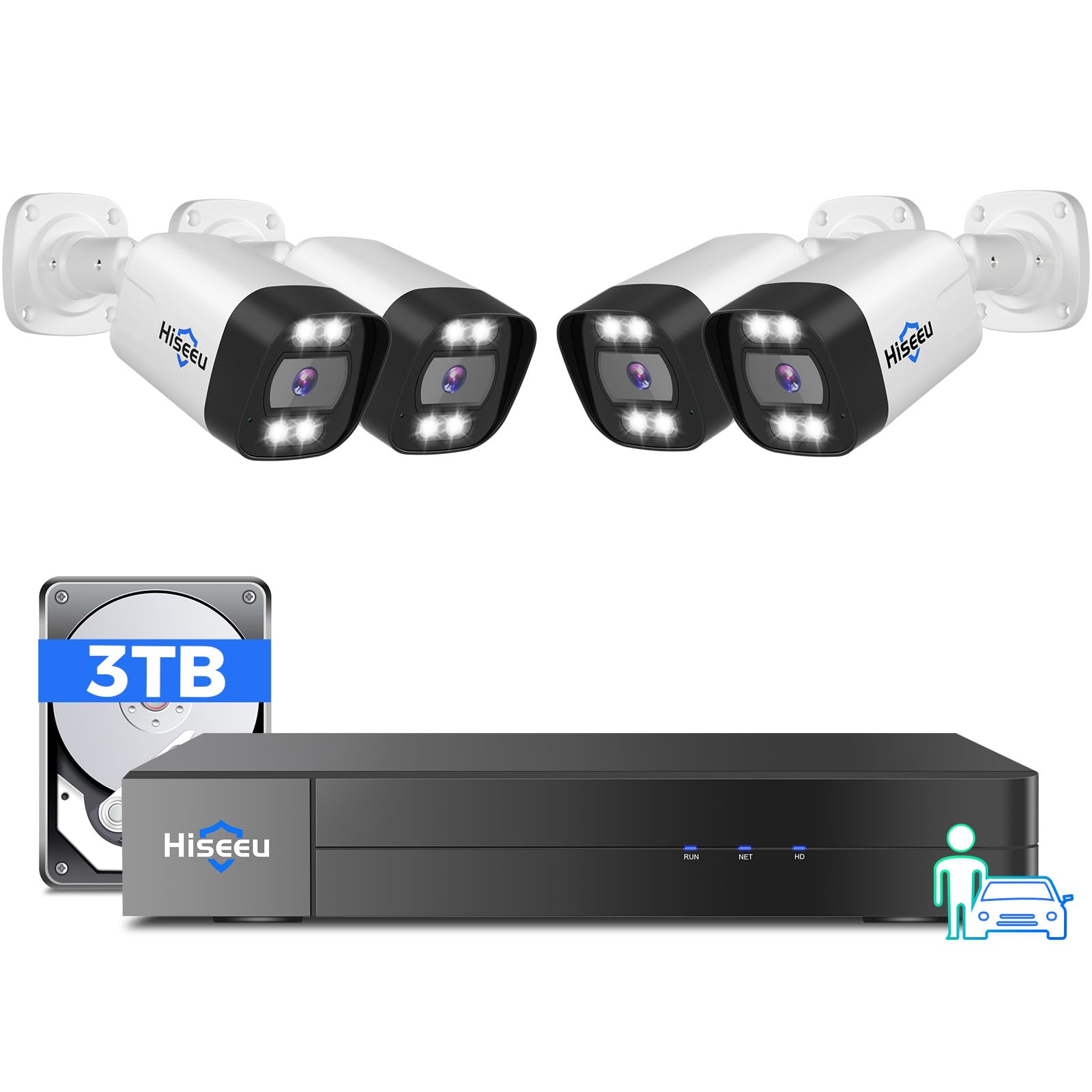 【2-Way Audio+3TB HDD】 Hiseeu 4K PoE Security Camera System,Vehicle/Human Detect, 8MP NVR w/4Pcs 5MP IP Security Camera Outdoor, IP 67Waterproof, Free Motion Alerts, 24/7 Home Surveillance NVR Kit