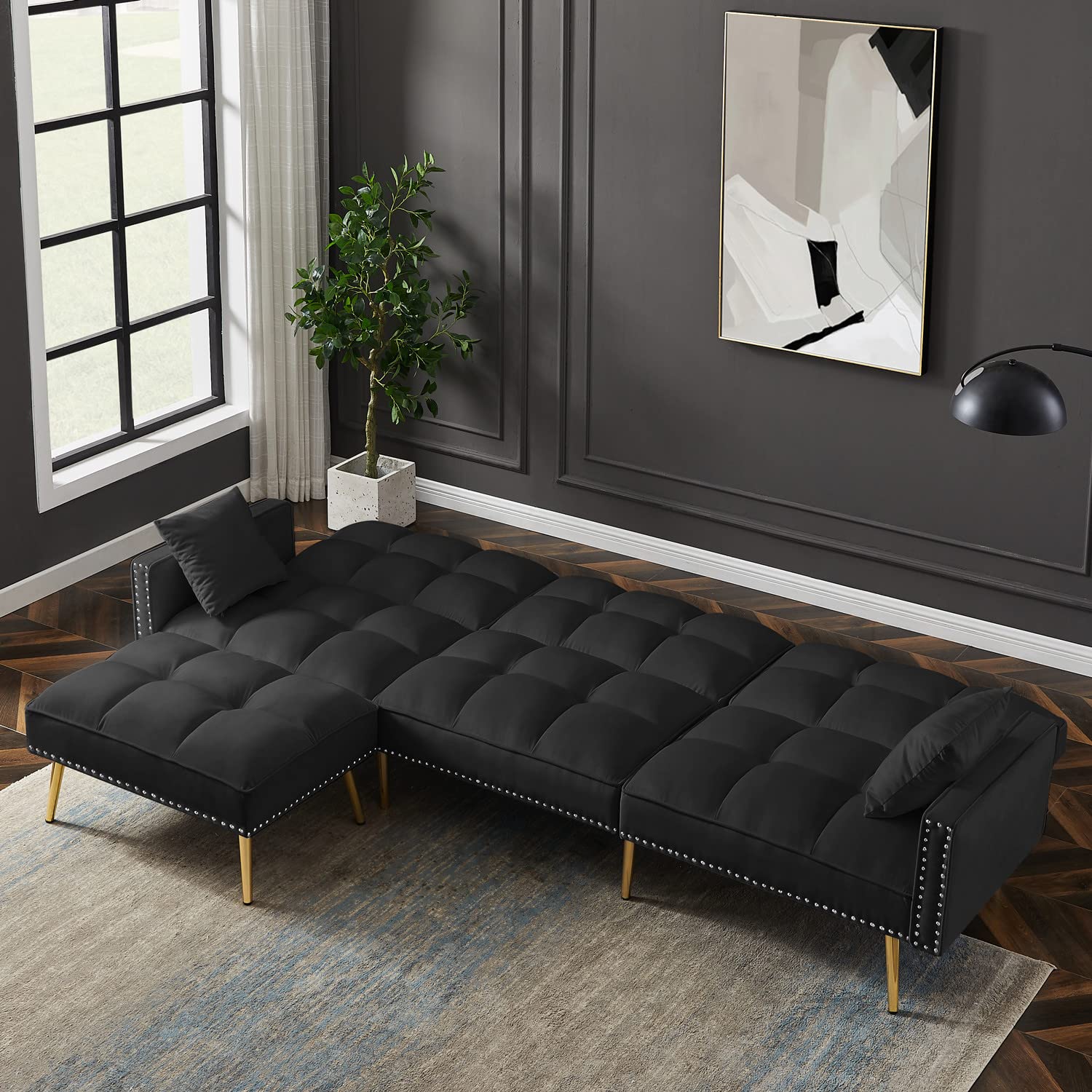 Modern Sectional Sofa with Reversible Chaise Lounge, L-Shaped Couch with 2 Pillows for Living Room Apartment (Black-L)