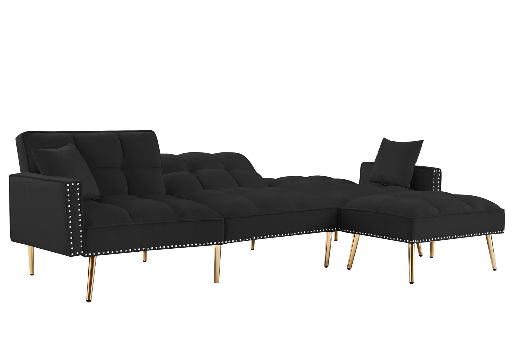 Modern Sectional Sofa with Reversible Chaise Lounge, L-Shaped Couch with 2 Pillows for Living Room Apartment (Black-L)