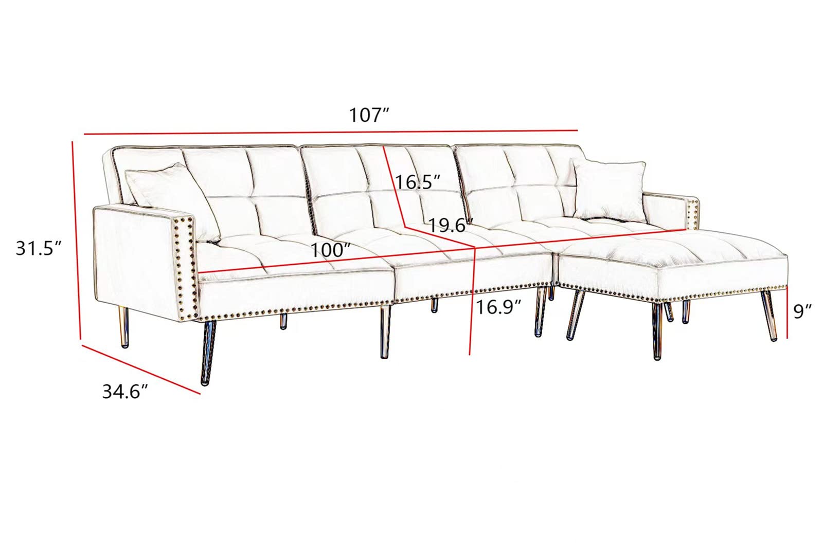 Modern Sectional Sofa with Reversible Chaise Lounge, L-Shaped Couch with 2 Pillows for Living Room Apartment (Black-L)
