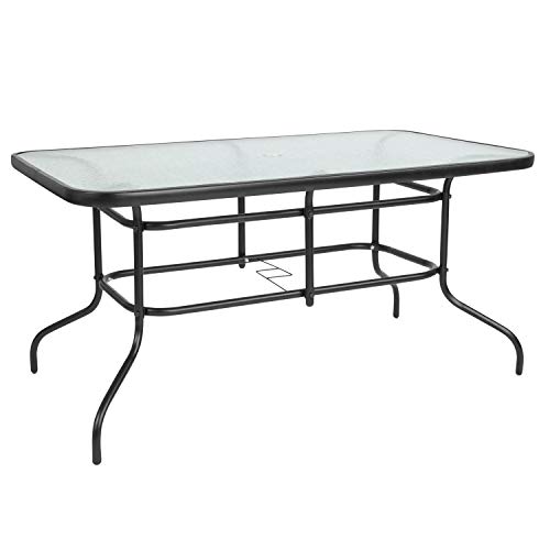 Flash Furniture 6 Flex Comfort Stack Chairs, 55" Tempered Glass Patio Table with Umbrella Hole, Brown