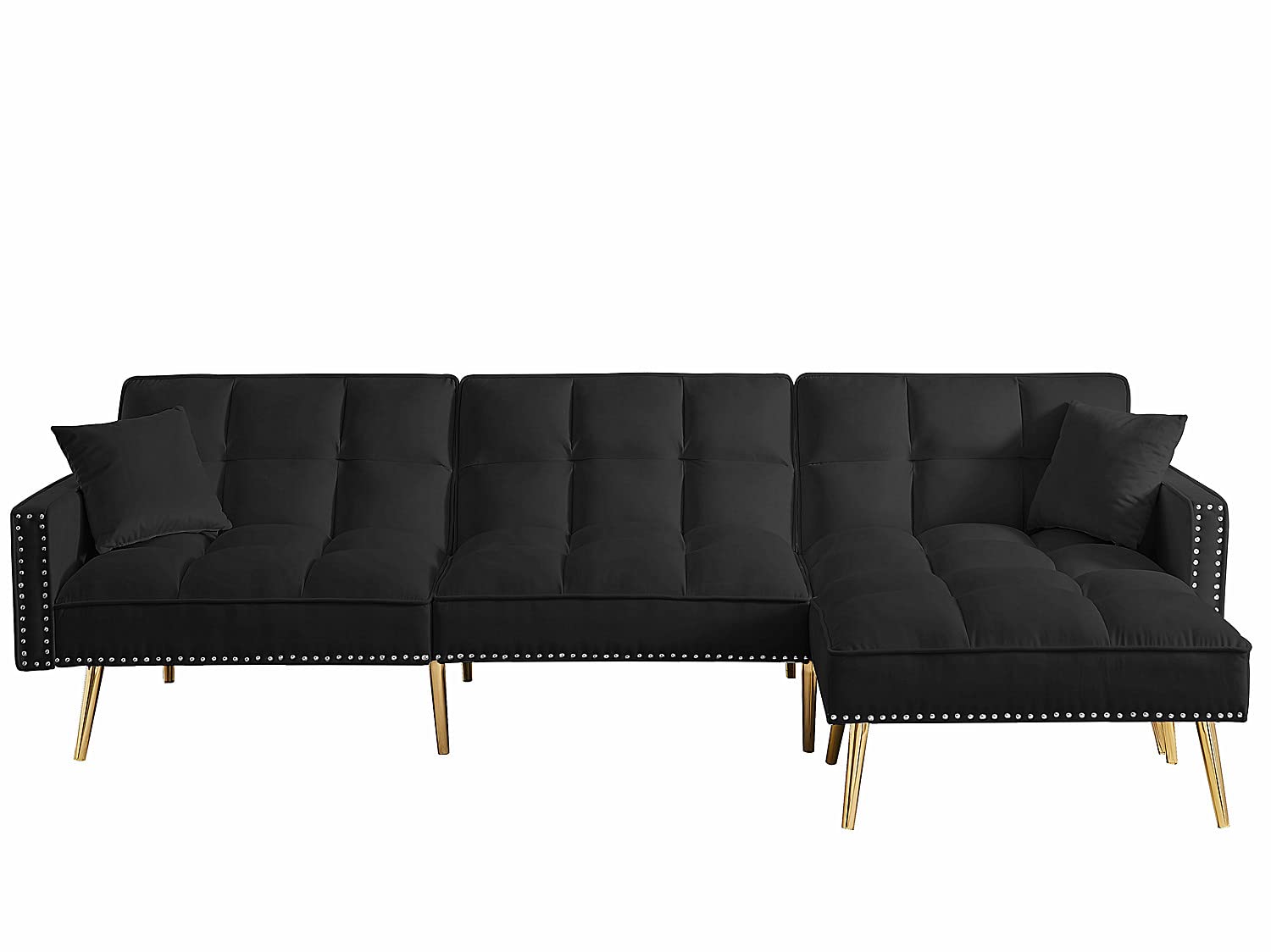 Modern Sectional Sofa with Reversible Chaise Lounge, L-Shaped Couch with 2 Pillows for Living Room Apartment (Black-L)