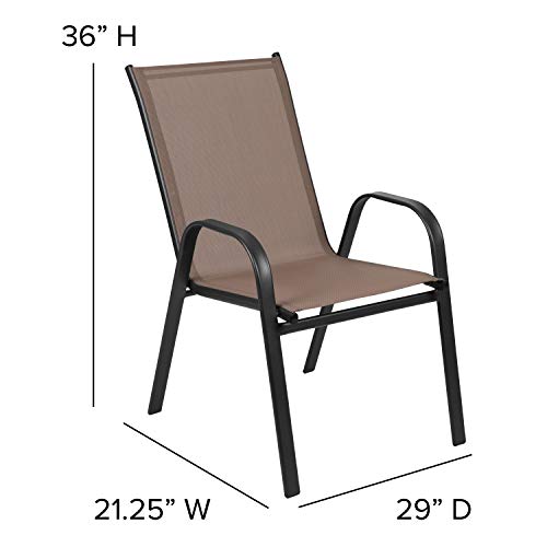 Flash Furniture 6 Flex Comfort Stack Chairs, 55" Tempered Glass Patio Table with Umbrella Hole, Brown