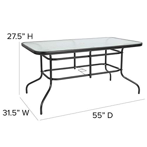 Flash Furniture 6 Flex Comfort Stack Chairs, 55" Tempered Glass Patio Table with Umbrella Hole, Brown