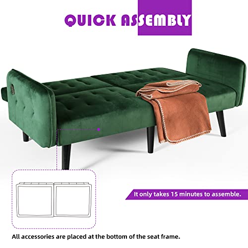 TYBOATLE 65" W Velvet Modern Convertible Folding Futon Couch Sofa Bed w/ 2 USB Charging Ports and arms, Loveseat for Compact Living Space, Dorm, Game Studio, Bonus Room, Apartment, Bedroom (Green)