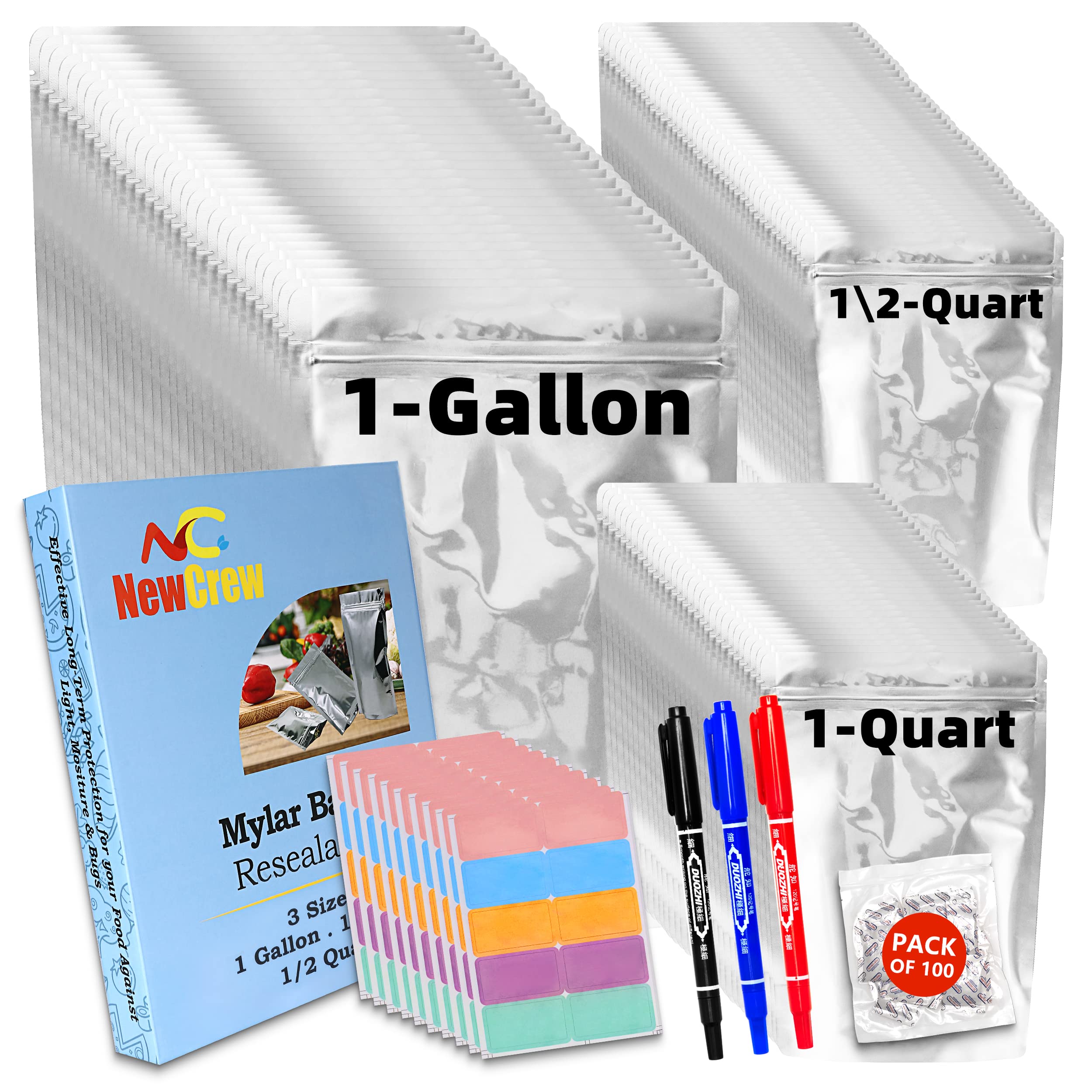 NewCrew 100pcs Mylar Bags for Food Storage with 300cc Oxygen Absorbers, Labels and Pens,10 Mil Extra Thick 1 Gallon,1 Quarter,½ Quarter 10”x 14”/6x9”/5x7” Stand-up Zipper Resealable Mylar Bags
