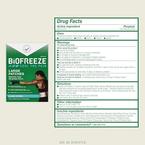 Biofreeze Pain Relief Patches, Arthritis Pain Reliver, Knee & Lower Back Pain Relief Patch, Sore Muscle Relief, Neck Pain Relief, FSA Eligible, 3 Pack (5 Biofreeze Menthol Patches)