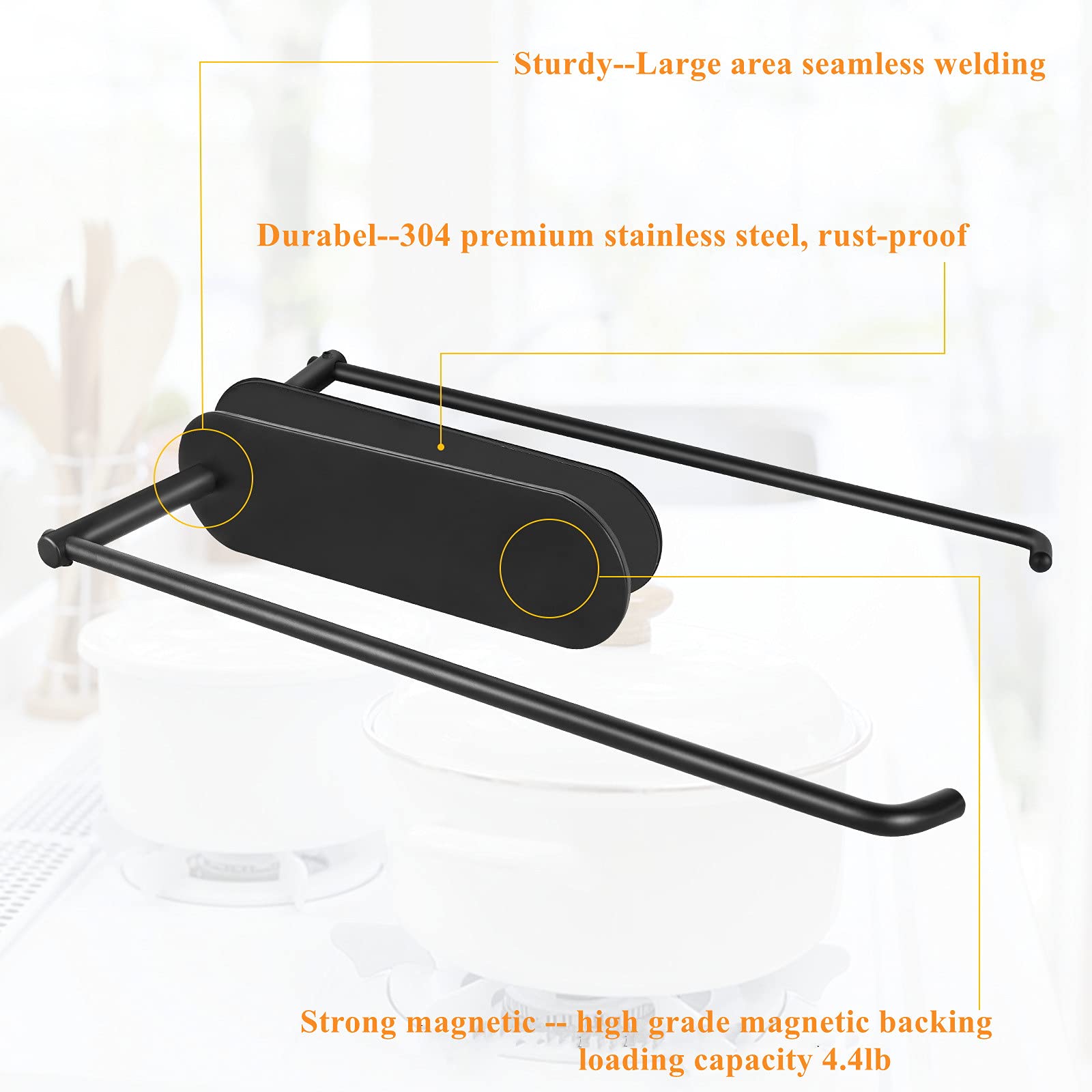 Magnetic Paper Towel Holders Refrigerator Heavy Duty Stainless Towel Roll Holders with Strong Magnetic Backing - Fit for Large Paper Towels-for Kitchen, Grill, Toolbox, Garage, Shop(12in-Black)