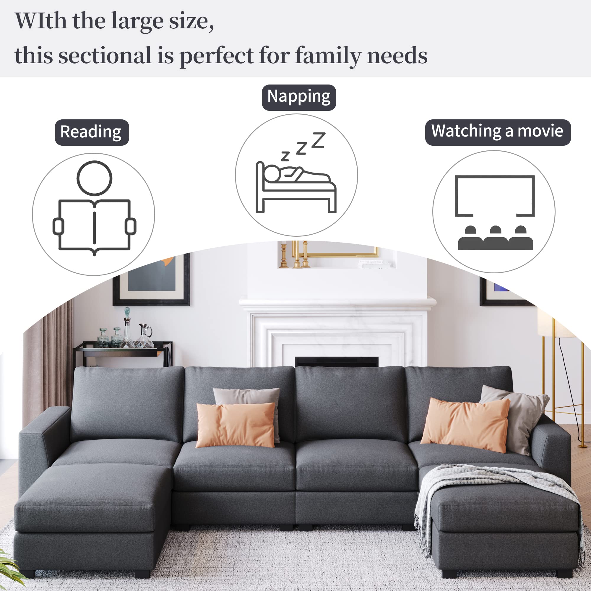 U Shaped Couch with Reversible Chaise Oversized Sectional Couches for Living Room Modern Modular Sectional Sofa Comfy Cloud Couch with Deep Seat for Office Apartment, Gray