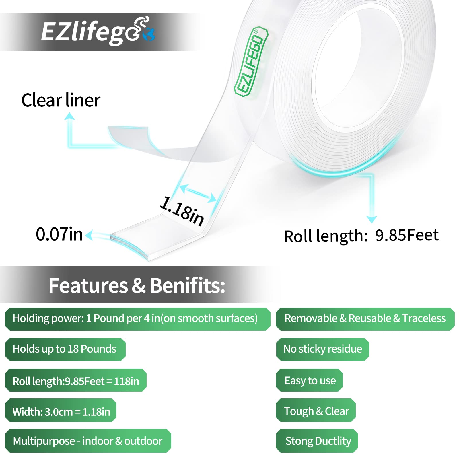EZlifego Double Sided Tape Heavy Duty, Multipurpose Removable Clear & Tough Mounting Tape Sticky Adhesive, Reusable Strong Wall Tape Picture Hanging Strips Poster Carpet Tape (Extra Large 9.85FT)