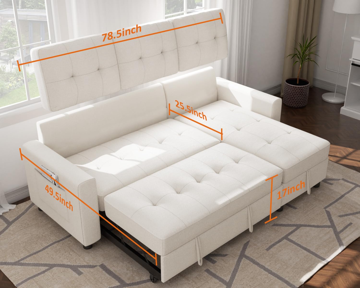 Ucloveria Sectional Sofa Couch, Sleeper Sofa Bed with Reversible Storage Chaise Pull Out Couch Bed for Living Room L-Shape Lounge 2 in 1 Futon Sofa with Side Storage Bag, 49"D x 78.5"W x 49"H, Beige