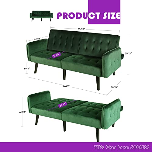 TYBOATLE 65" W Velvet Modern Convertible Folding Futon Couch Sofa Bed w/ 2 USB Charging Ports and arms, Loveseat for Compact Living Space, Dorm, Game Studio, Bonus Room, Apartment, Bedroom (Green)