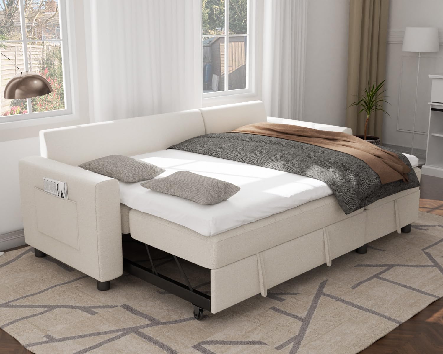 Ucloveria Sectional Sofa Couch, Sleeper Sofa Bed with Reversible Storage Chaise Pull Out Couch Bed for Living Room L-Shape Lounge 2 in 1 Futon Sofa with Side Storage Bag, 49"D x 78.5"W x 49"H, Beige