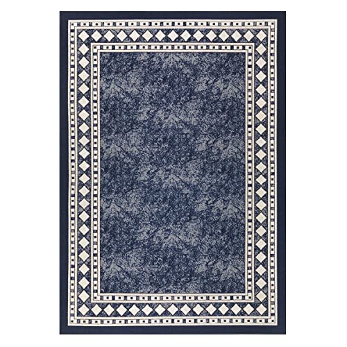 Antep Rugs Alfombras Modern Bordered 5x7 Non-Skid (Non-Slip) Low Profile Pile Rubber Backing Indoor Area Rugs (Navy Blue, 5' x 7')