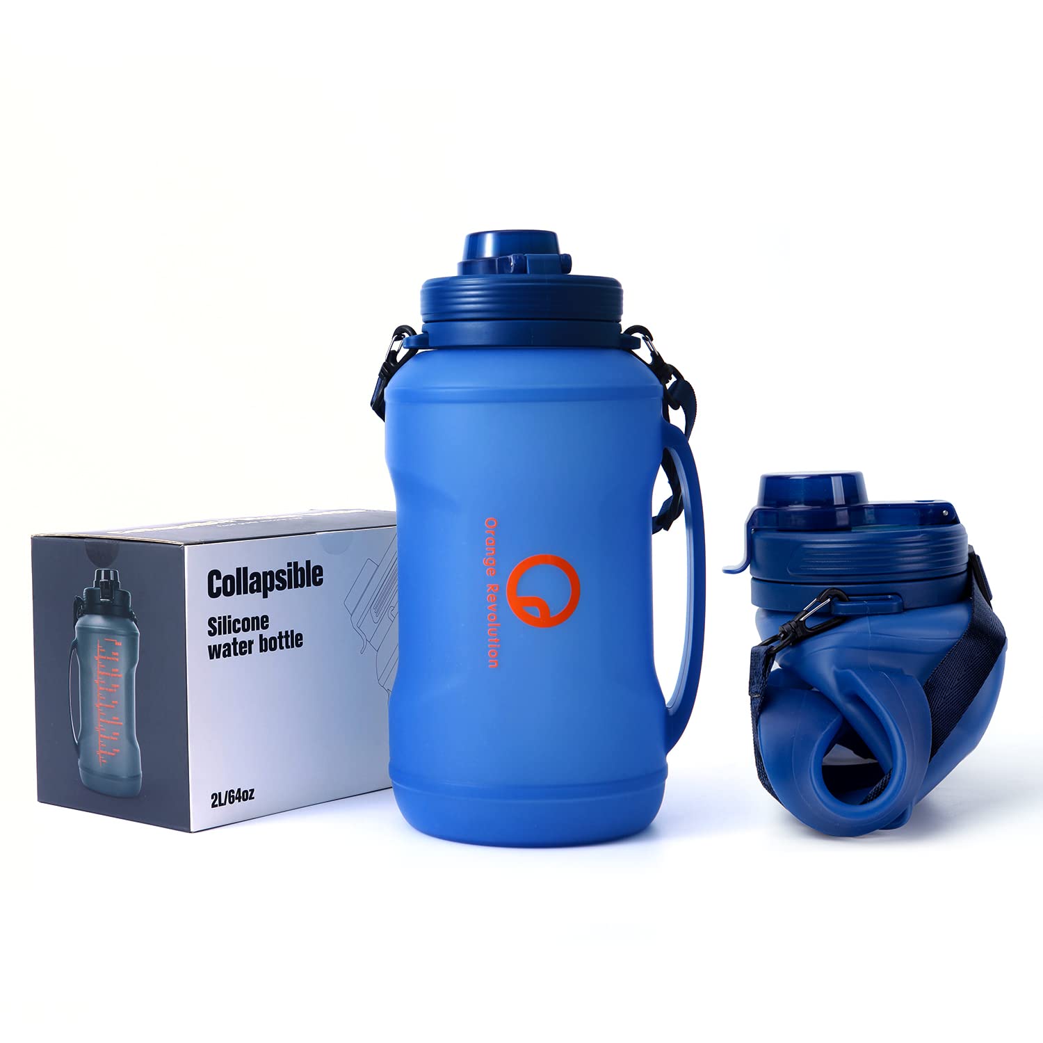 64 oz Collapsible Water Bottles with Straw, Half Gallon Water Bottle with Motivational Time Marker, Large Reusable Silicone Water Jug with Handle for Gym Sports Outdoor Travel Blue