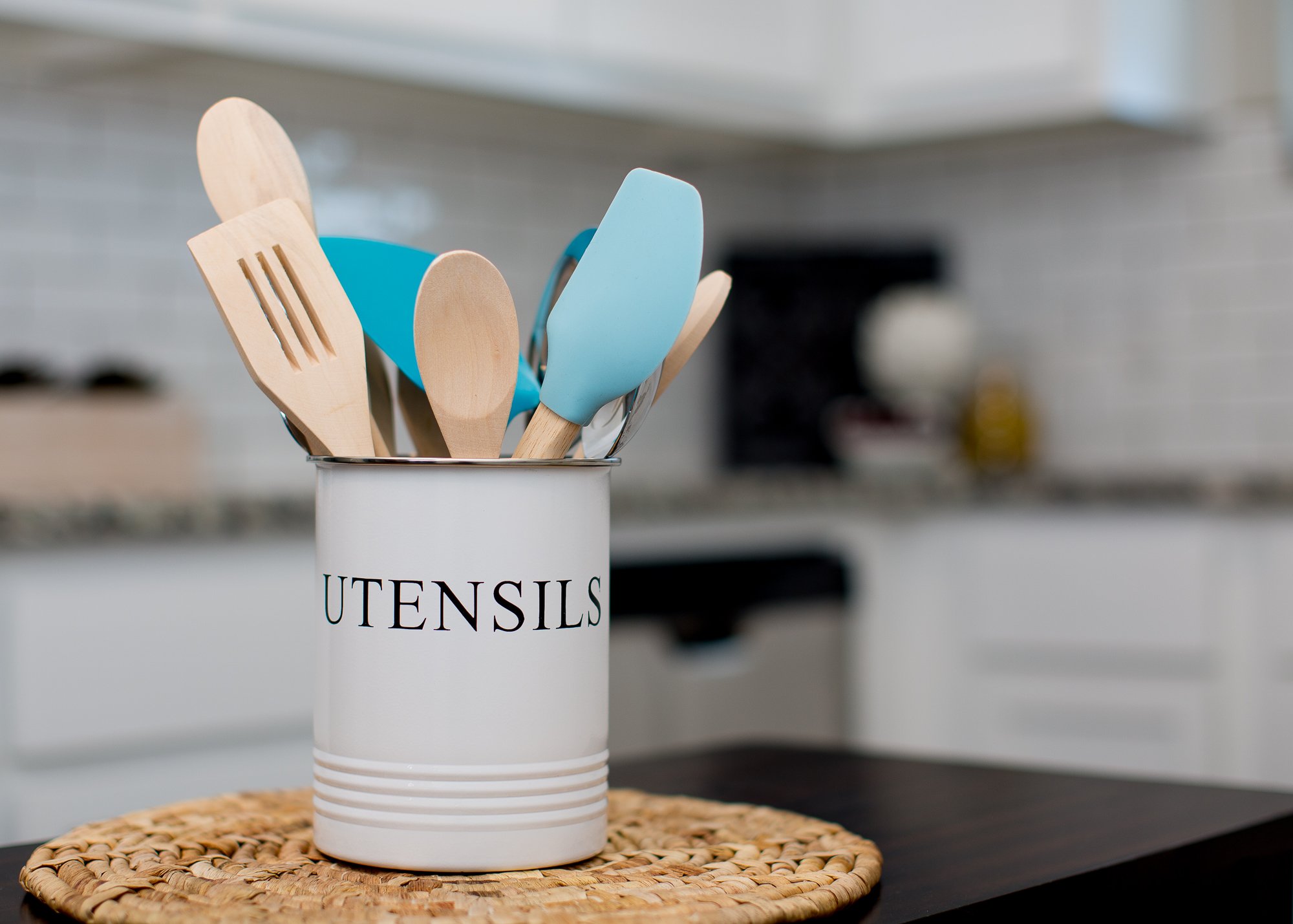 Kitchen Utensil Holder - Farmhouse Decor for Home - White Crock Organizer Caddy - Great for Large Cooking Tools by H+K Designs