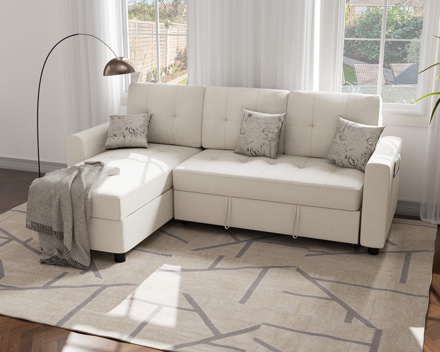 Ucloveria Sectional Sofa Couch, Sleeper Sofa Bed with Reversible Storage Chaise Pull Out Couch Bed for Living Room L-Shape Lounge 2 in 1 Futon Sofa with Side Storage Bag, 49"D x 78.5"W x 49"H, Beige