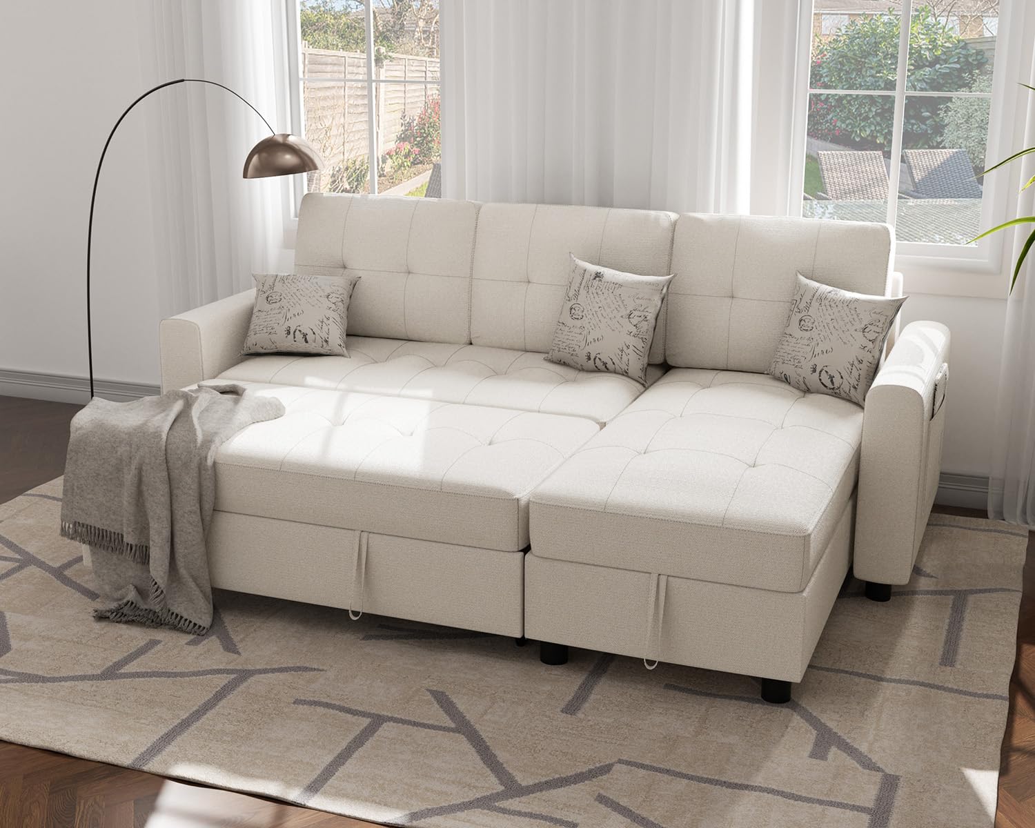Ucloveria Sectional Sofa Couch, Sleeper Sofa Bed with Reversible Storage Chaise Pull Out Couch Bed for Living Room L-Shape Lounge 2 in 1 Futon Sofa with Side Storage Bag, 49"D x 78.5"W x 49"H, Beige