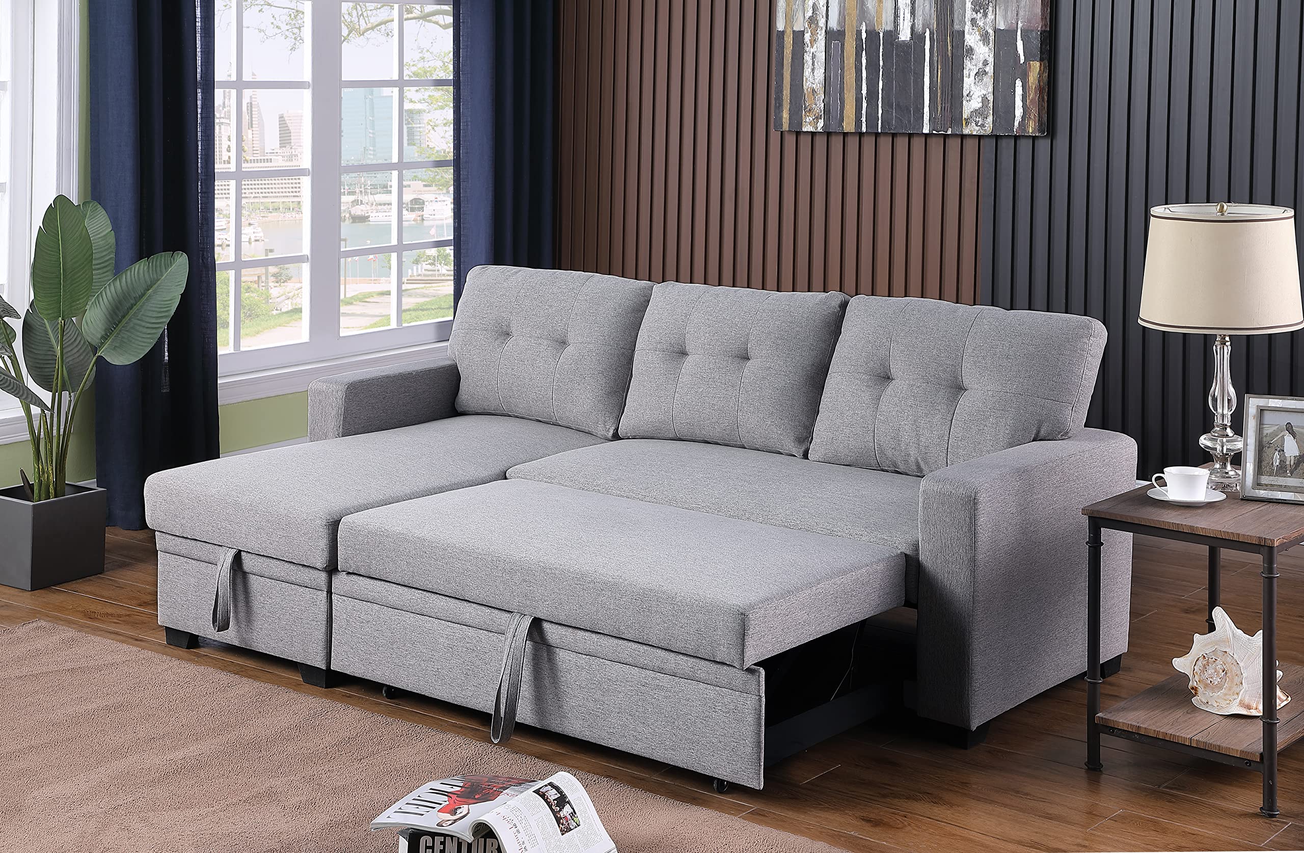 SONGG L Shaped Upholstered Sofa with Storage Chaise and Pull Out Bed, Linen Sectional Couch w/Removable Back Cushions,Button Tufted Backrest,for Living Room, Apartment, 82, Light Gray