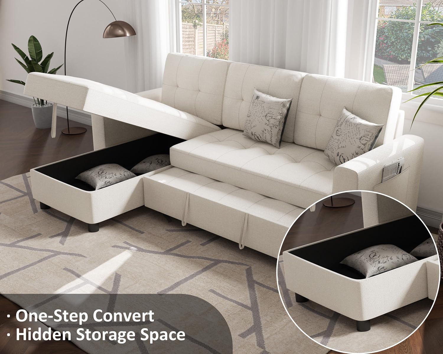 Ucloveria Sectional Sofa Couch, Sleeper Sofa Bed with Reversible Storage Chaise Pull Out Couch Bed for Living Room L-Shape Lounge 2 in 1 Futon Sofa with Side Storage Bag, 49"D x 78.5"W x 49"H, Beige