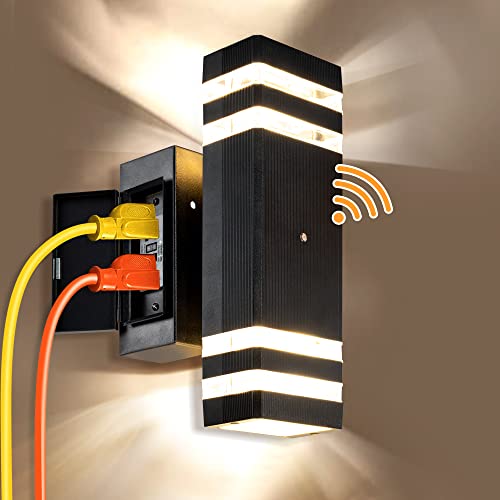 HIHUOS Porch Lights with Outlet, Dusk to Dawn Exterior Light Fixture, Waterproof Outdoor Wall Lantern, Anti-Rust Up and Down Outside Sconce Lighting Fixture for House Garage Patio Park