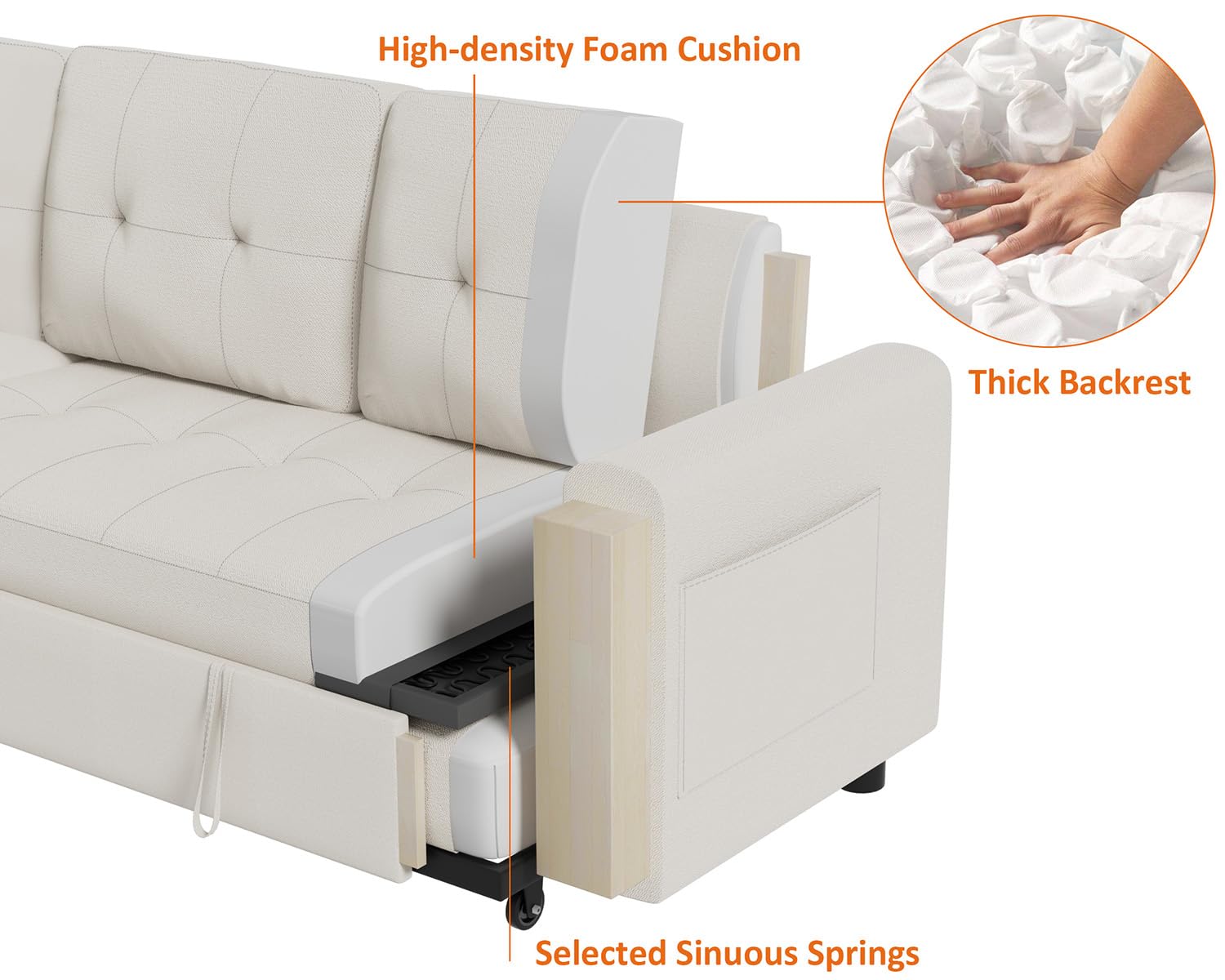 Ucloveria Sectional Sofa Couch, Sleeper Sofa Bed with Reversible Storage Chaise Pull Out Couch Bed for Living Room L-Shape Lounge 2 in 1 Futon Sofa with Side Storage Bag, 49"D x 78.5"W x 49"H, Beige