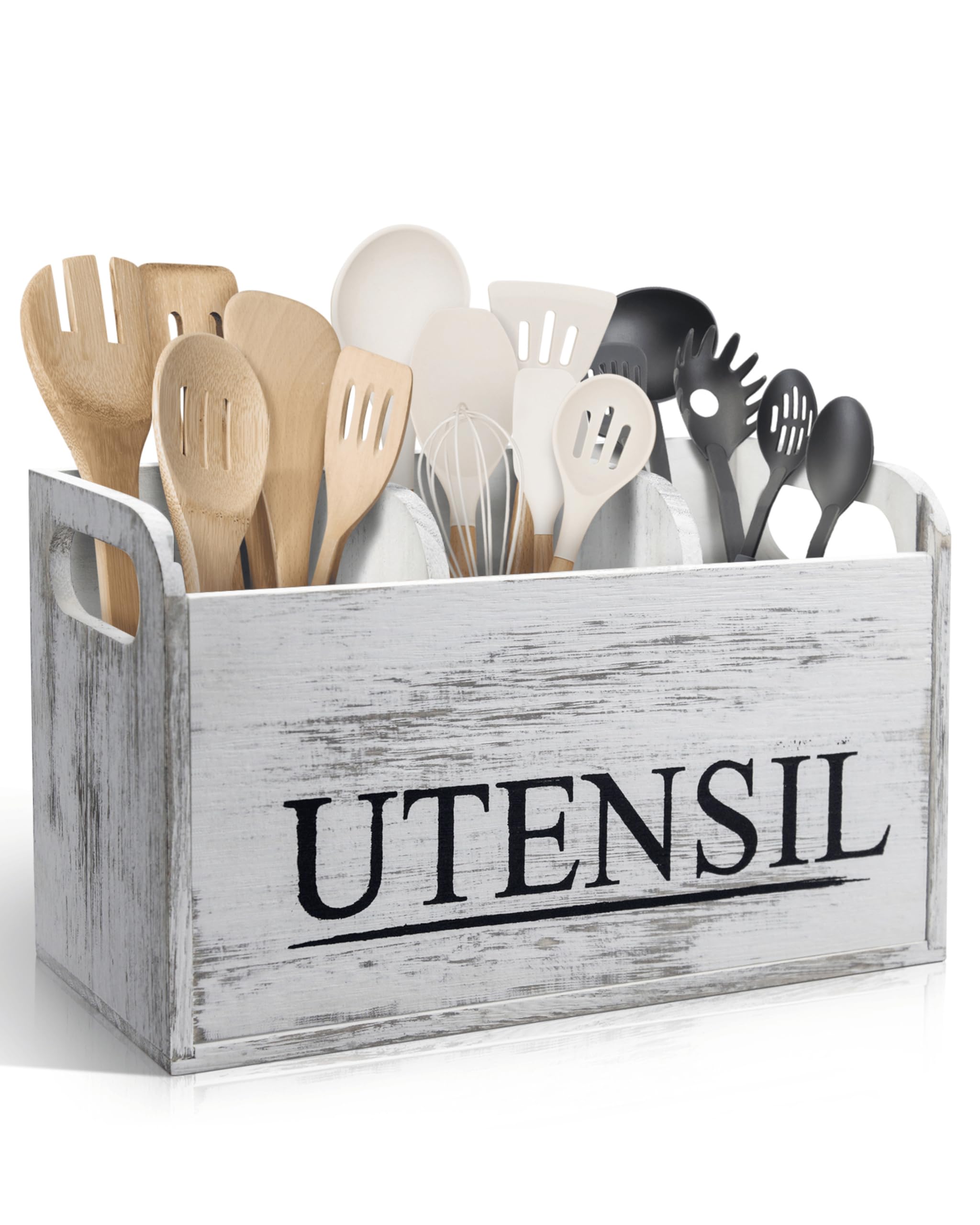 brekle White Kitchen Utensil Holder Rustic Large Wooden Utensil Organizer Cooking Tools Storage