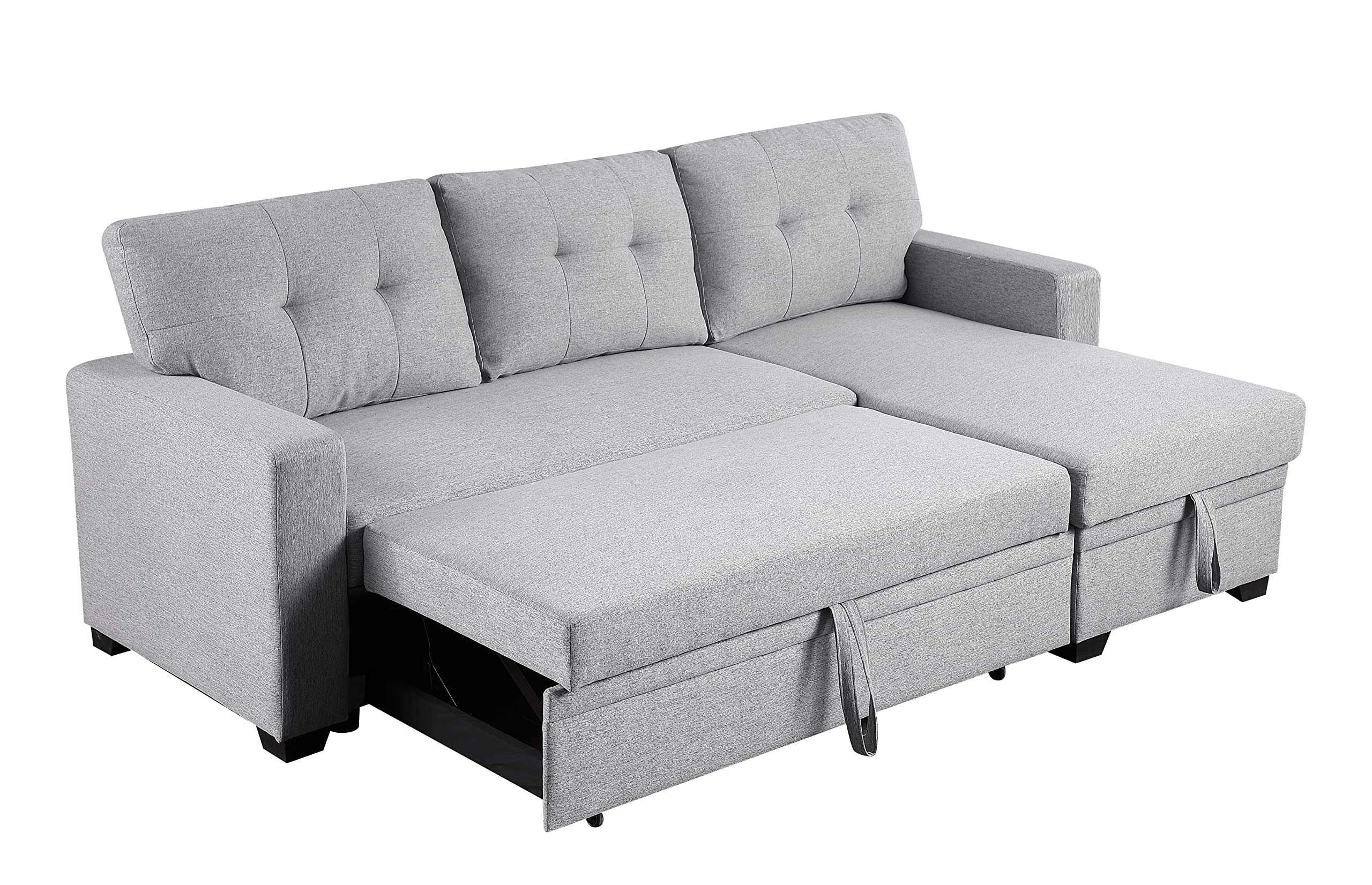 SONGG L Shaped Upholstered Sofa with Storage Chaise and Pull Out Bed, Linen Sectional Couch w/Removable Back Cushions,Button Tufted Backrest,for Living Room, Apartment, 82, Light Gray