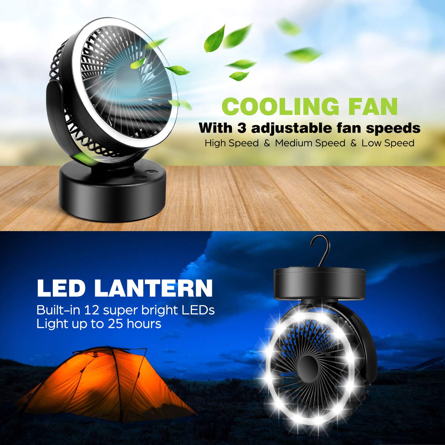 Odoland Portable Camping Fan with LED Lantern, Battery Operated Tent Fan Light Lamp with Hanging Hook for Camping, Hiking, Hurricane, Outages, Emergency Gear