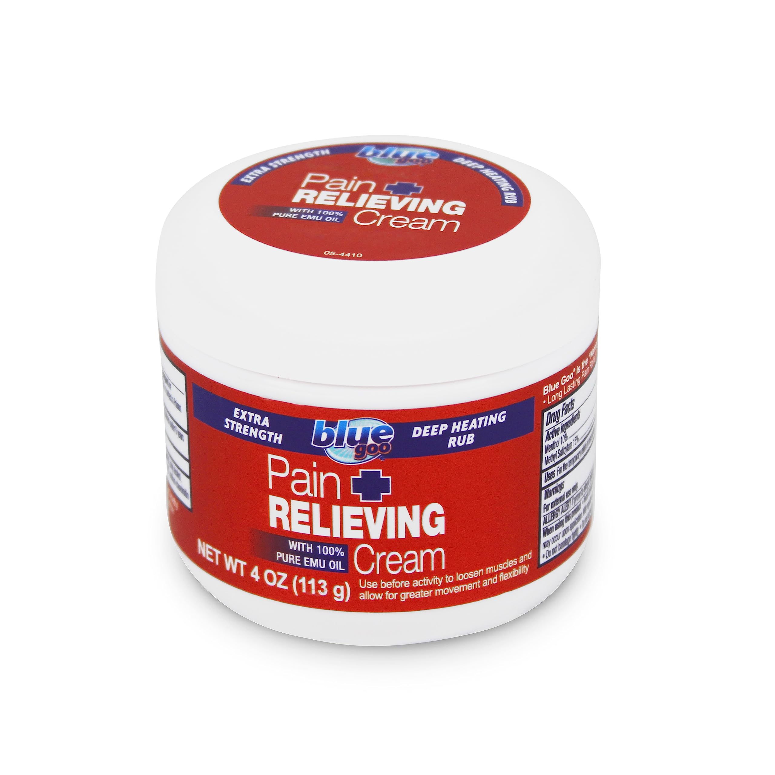 Blue Goo Relieving Cream - Temporary Relief for Back/Neck Pain, Sports-Related Muscle/Joint Pain, Sprains, Strains, Maximum Strength, Deep Heating Rub, Made w/ 100% Pure Emu Oil 4 oz (1 Pack)