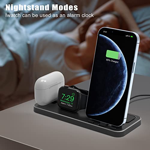 3 in 1 Charging Station for Multiple Devices Apple Portable Charging Stand for Apple Watch iPhone and AirPods Build-in Charger Charging Dock Holder for iPhone with Adapter and Cable (Black)