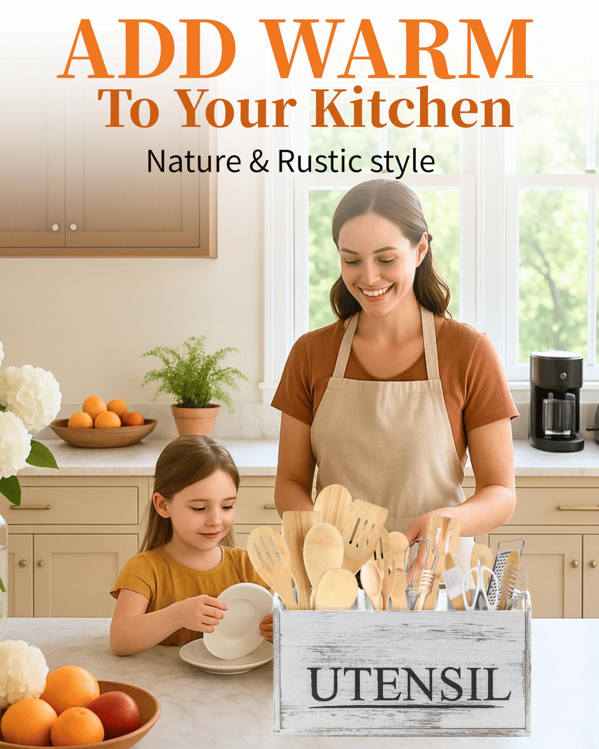 brekle White Kitchen Utensil Holder Rustic Large Wooden Utensil Organizer Cooking Tools Storage