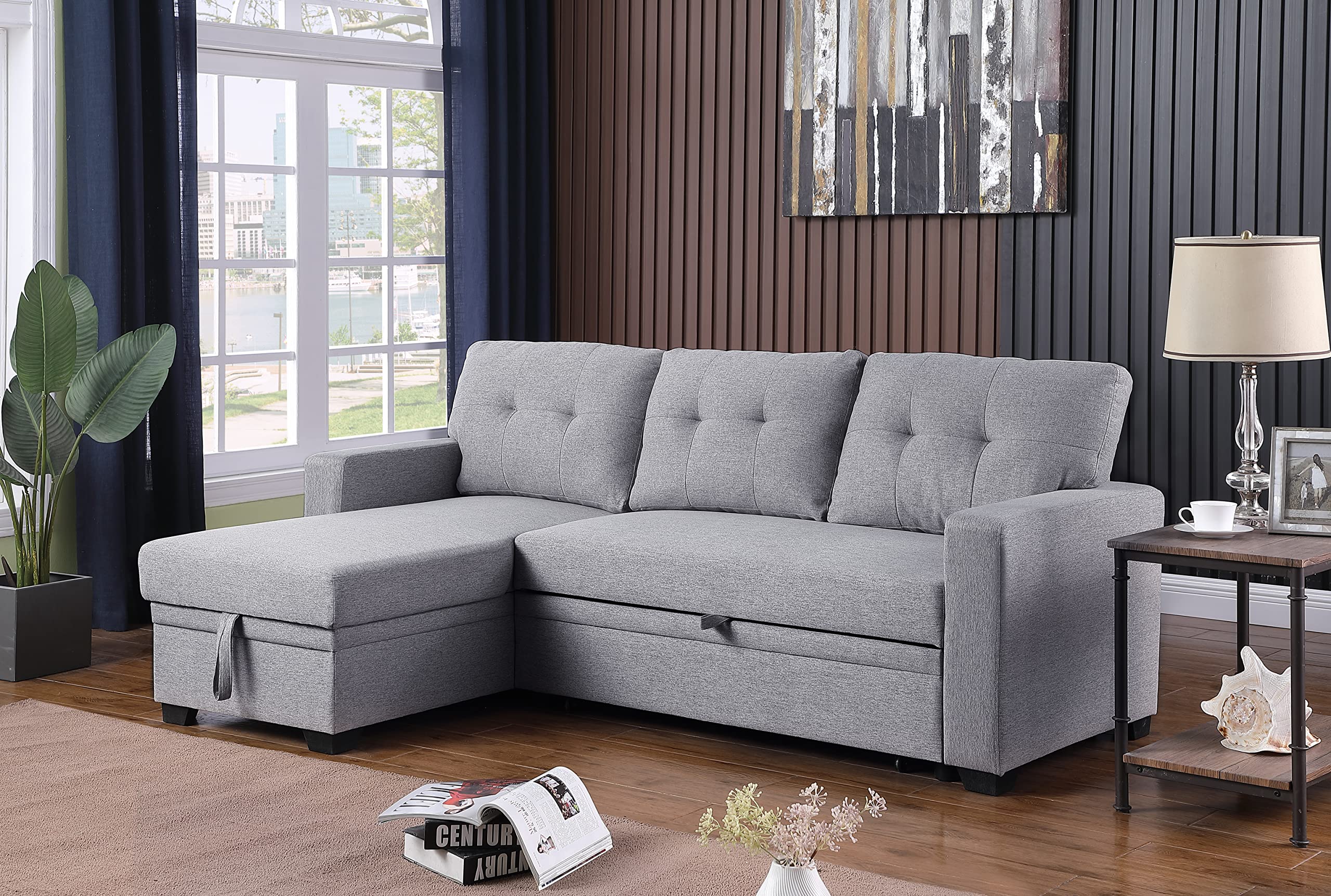 SONGG L Shaped Upholstered Sofa with Storage Chaise and Pull Out Bed, Linen Sectional Couch w/Removable Back Cushions,Button Tufted Backrest,for Living Room, Apartment, 82, Light Gray