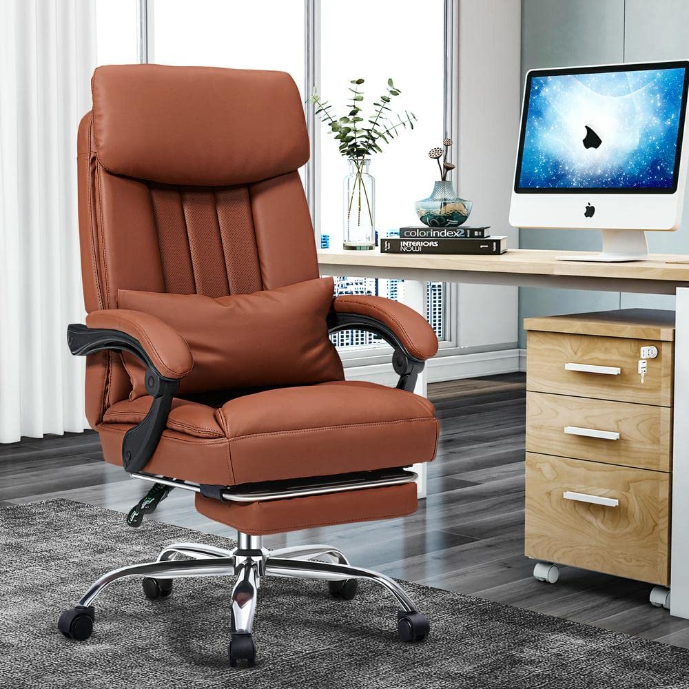 High Back Office Chair with Lumbar Support and Footrest, Leather Executive Computer Desk Chair with Padded Headrest and Armrest, Adjustable Height Tilt Angle Swivel Task Chair for Home Office (Brown)