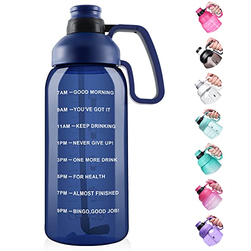 Opard Half gallon Water Bottle with Time Marker, 64oz Motivational Water Jug Large Sports Water Bottle with Straw Handle BPA Free for Gym Fitness (Blue)