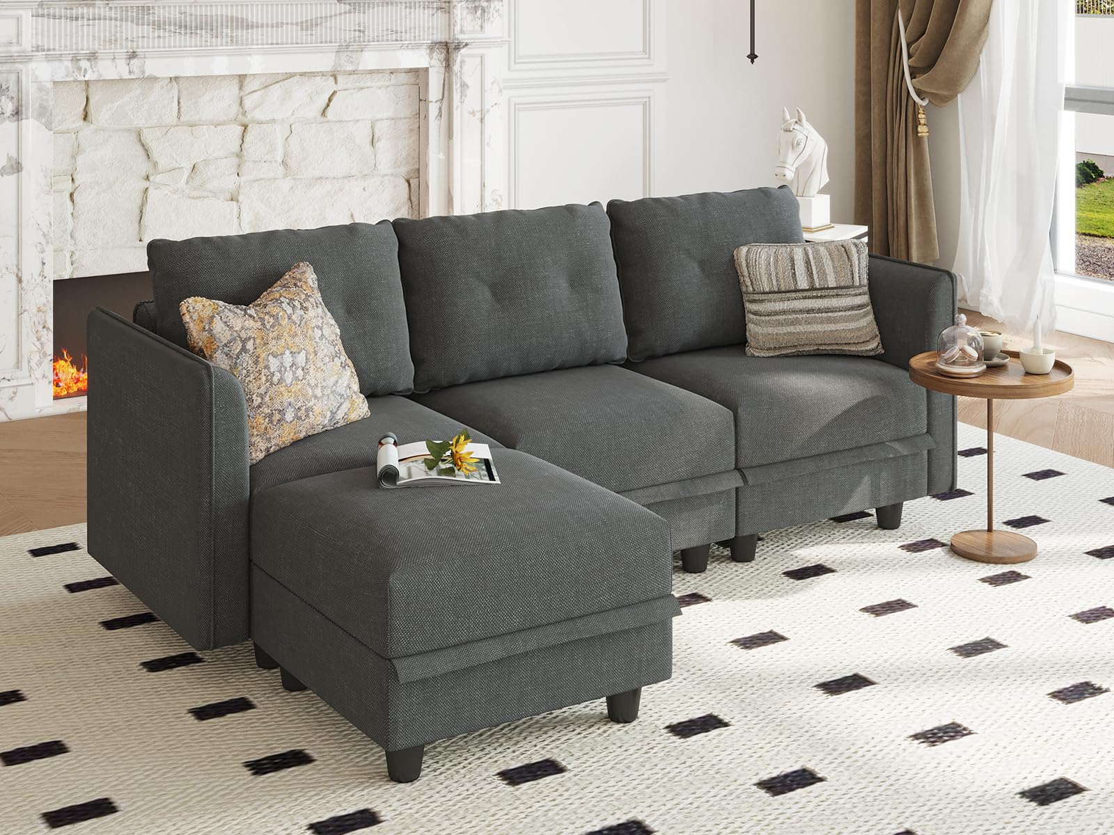 LLappuil Modular Sectional Sofa with Reversible Chaise, L Shaped Sofa with Ottoman, 4 Seater Sectional Corner Couch with Storage, Black