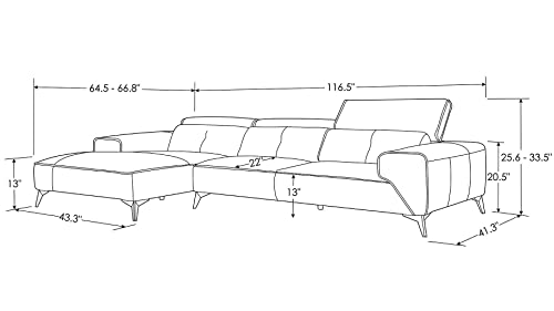 ZURI Furniture Raj Modern Slate Leather Sectional with Adjustable Headrests and Chaise - Left Chaise