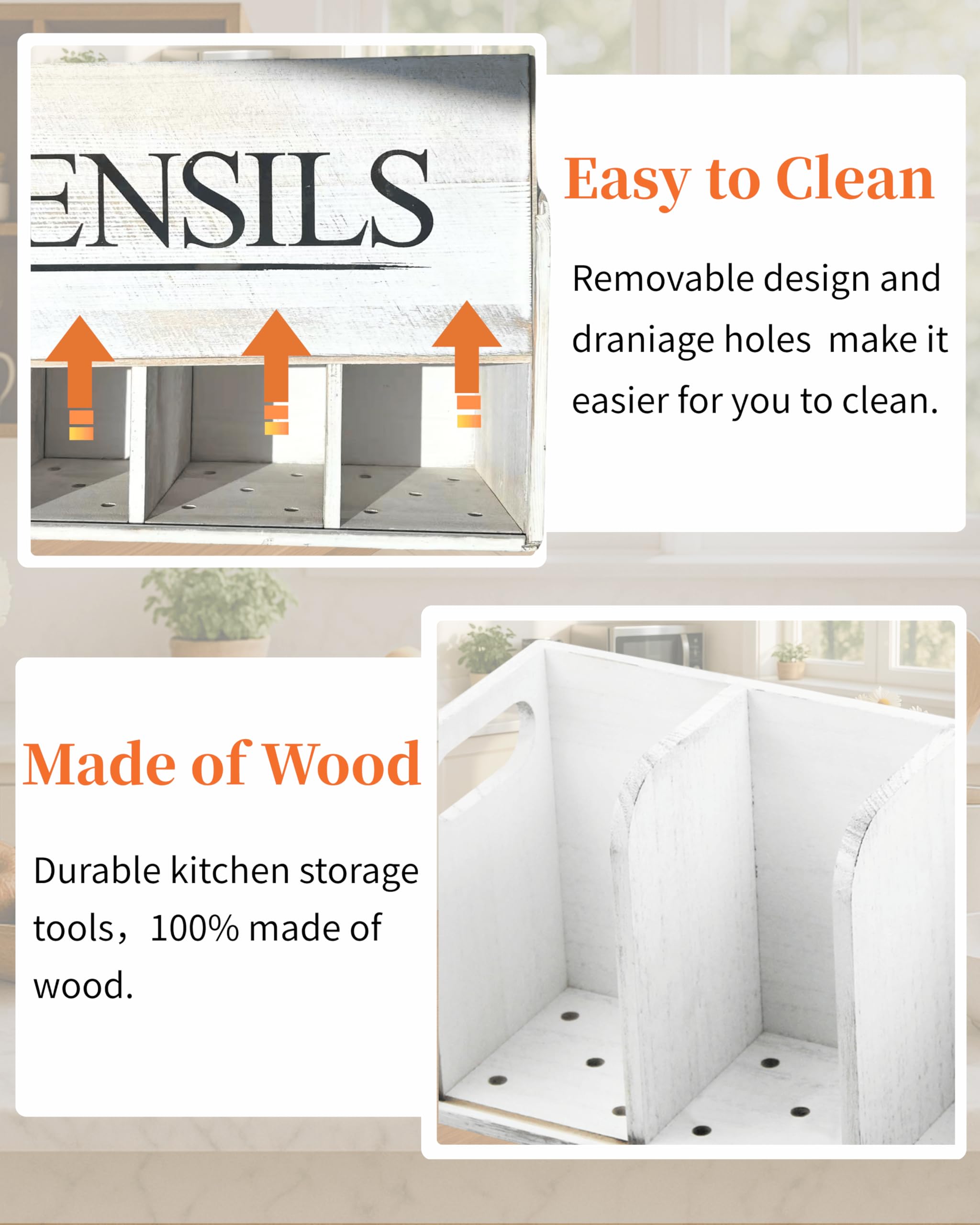 brekle White Kitchen Utensil Holder Rustic Large Wooden Utensil Organizer Cooking Tools Storage