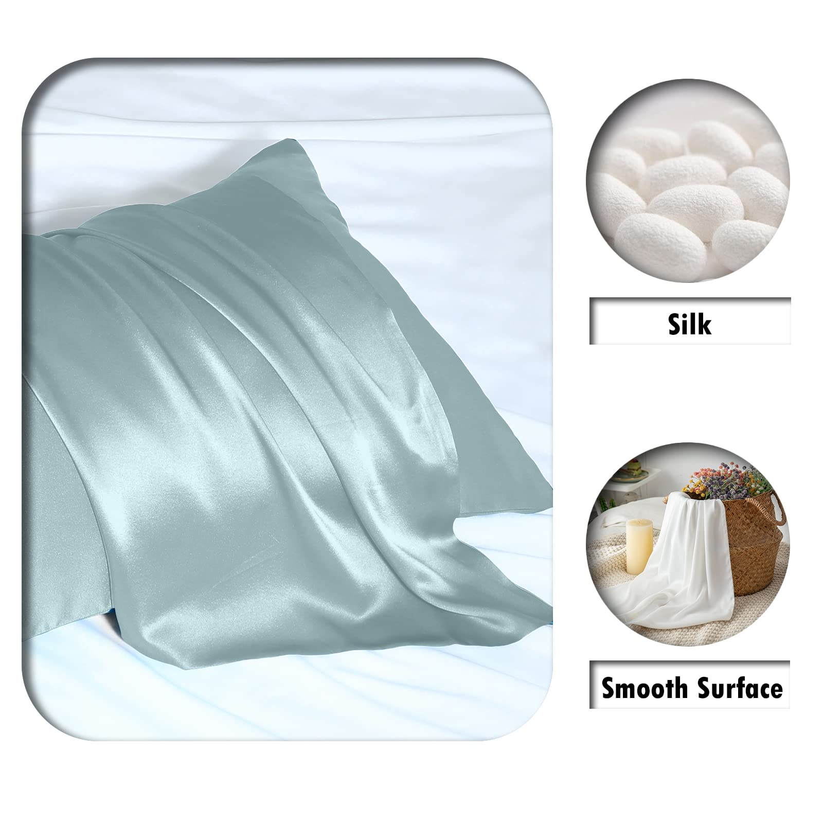 Mulberry Silk Pillowcase for Hair and Skin Standard Size 20"X 26" Pillow Case with Hidden Zipper Soft Breathable Smooth Cooling Silk Pillow Covers for Sleeping(Haze Blue,Standard,1Pcs)