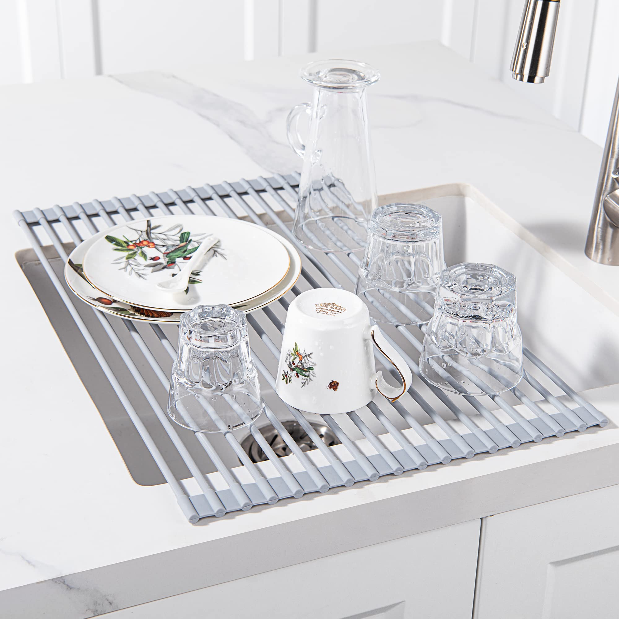 U-Taste Roll Up Dish Drying Rack 20.5 by 13 Inches, Over The Sink Foldable Multipurpose Silicone Dish Drainer Warm Gray, Large